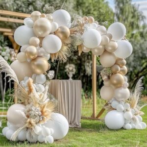 White Balloon Arch Pearl White Balloons Off White Gold Balloon Arch Kit Pearl White Sand Balloons Different Size For Wedding Bridal Anniversary Engagement Prom Party Decorations (WHITE GOLD)