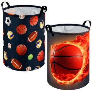 yoande 2 pack sports basketball laundry hamper waterproof kids laundry basket boy toy storage dirty clothes organizer round nursery boy laundry basket for bathroom bedroom dorm, 17.3 x 13.8 in