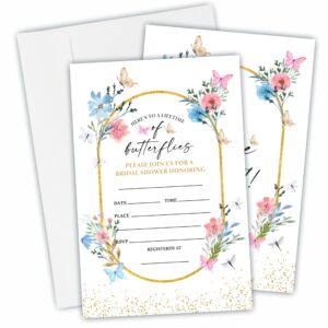 25 bridal shower invitation cards with envelopes - here's to a lifetime of butterflies - floral golden oval invites for newlyweds, wedding & bridal shower celebration, party favor & decorations - b16