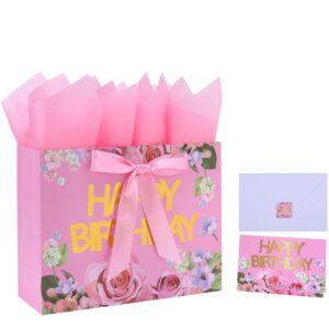 13" large pink gift bags set with greeting card and tissue papers (roses and gold foil ‘happy birthday’) for women's birthday party, girls' or kids' birthday parties, baby girl, baby shower-13”x5.2”x10.2”,1 pcs.