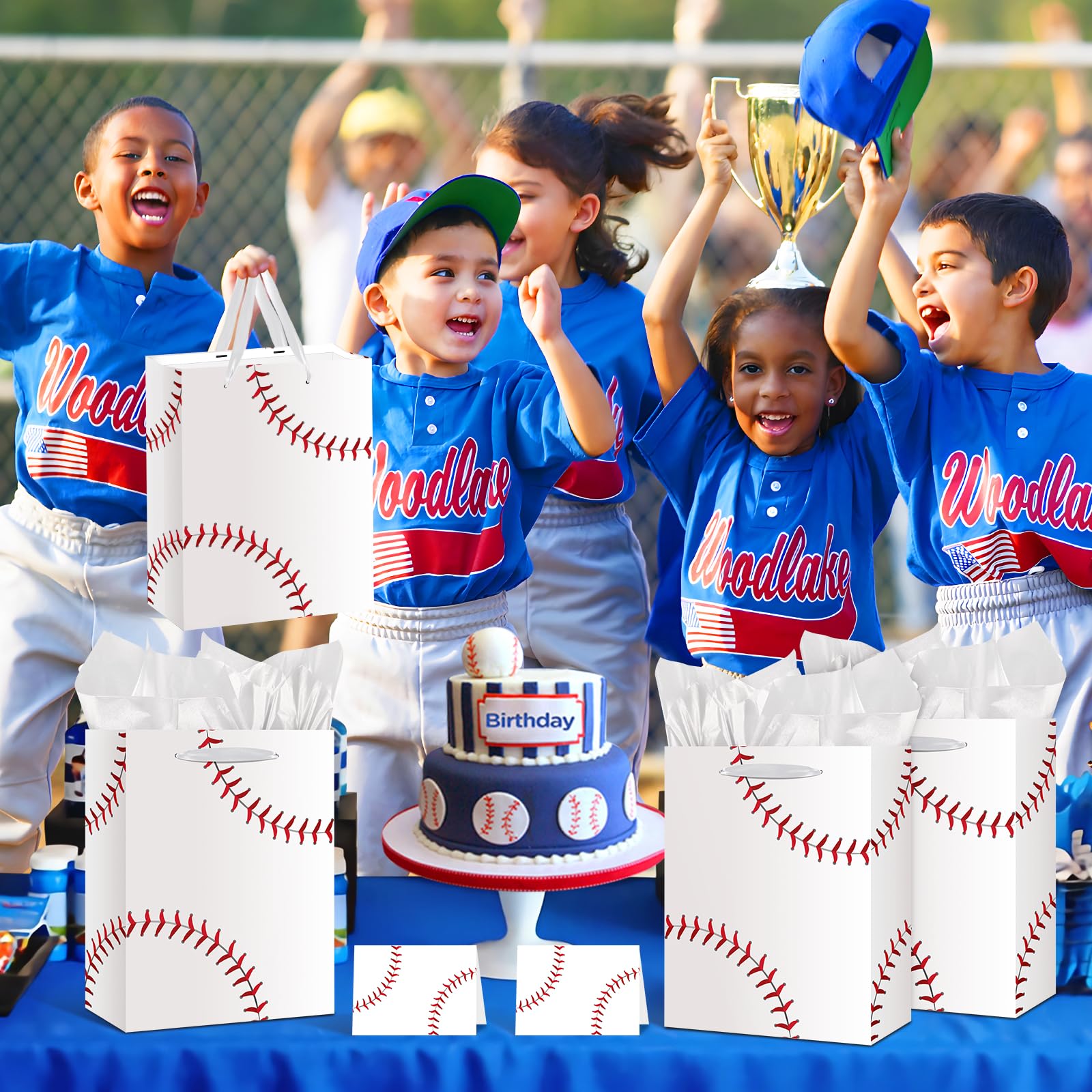 Baseball Party Gift Bag, Large White Baseball Gift Wrap Bags with Tissue Paper Greeting Card Decorations for Sport Party Favor Baseball Birthday Goodie Gifts Wrapping Bags for Kids Teens Team Supplies