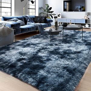 isdook anti-skid rectangular fuzzy rug fluffy rug for living room non-slip shag fuzzy rug for nursery tie-dyed blue grey rectangle 4x6 feet