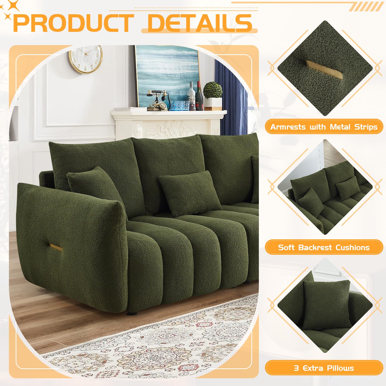 Cloud Sofa Couch,82" Teddy Bouclé Upholstered 3 Seater Sofa,Tufted Comfy Couch,Modern Sherpa Couch,Deep Seat Sofa with 3 Pillows,Oversized Loveseat for Living Room,Bedroom,Office,Apartment(Green)