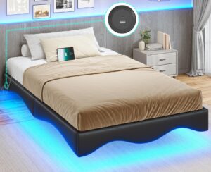 aogllati floating bed frame twin size with charging station & led lights, platform twin bed frame with leather wave molding and stable structure,no box spring needed, black