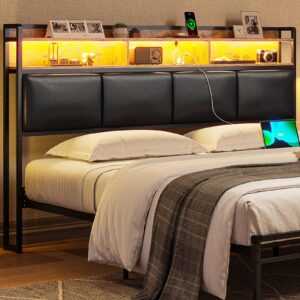 msmask upholstered king headboard with charging station and led light, black pu tufted king size headboard only with 2 tiers storage shelves, height adjustable bed headboard, rustic brown