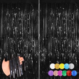 black metallic tinsel foil fringe curtains backdrop 2pack 3.3x8.3ft party streamers for birthday party decorations halloween christmas decors foil curtain backdrop for bachelorette bridal party