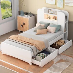 jintop twin size platform bed frame with 2 drawers and light strip design in headboard,bedroom storage wood bed w/ 3 bedside open shelves,slat support,for girl boy kid,white