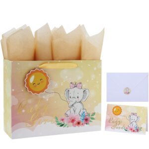 13” large light yellow cute elephant gift bag set with greeting card and tissue paper (3d sun and gold foil ‘baby girl’) for baby girl, baby shower, kids birthday party, newborn, new moms or parents-13”x5.2”x10.2”, 1 pcs.