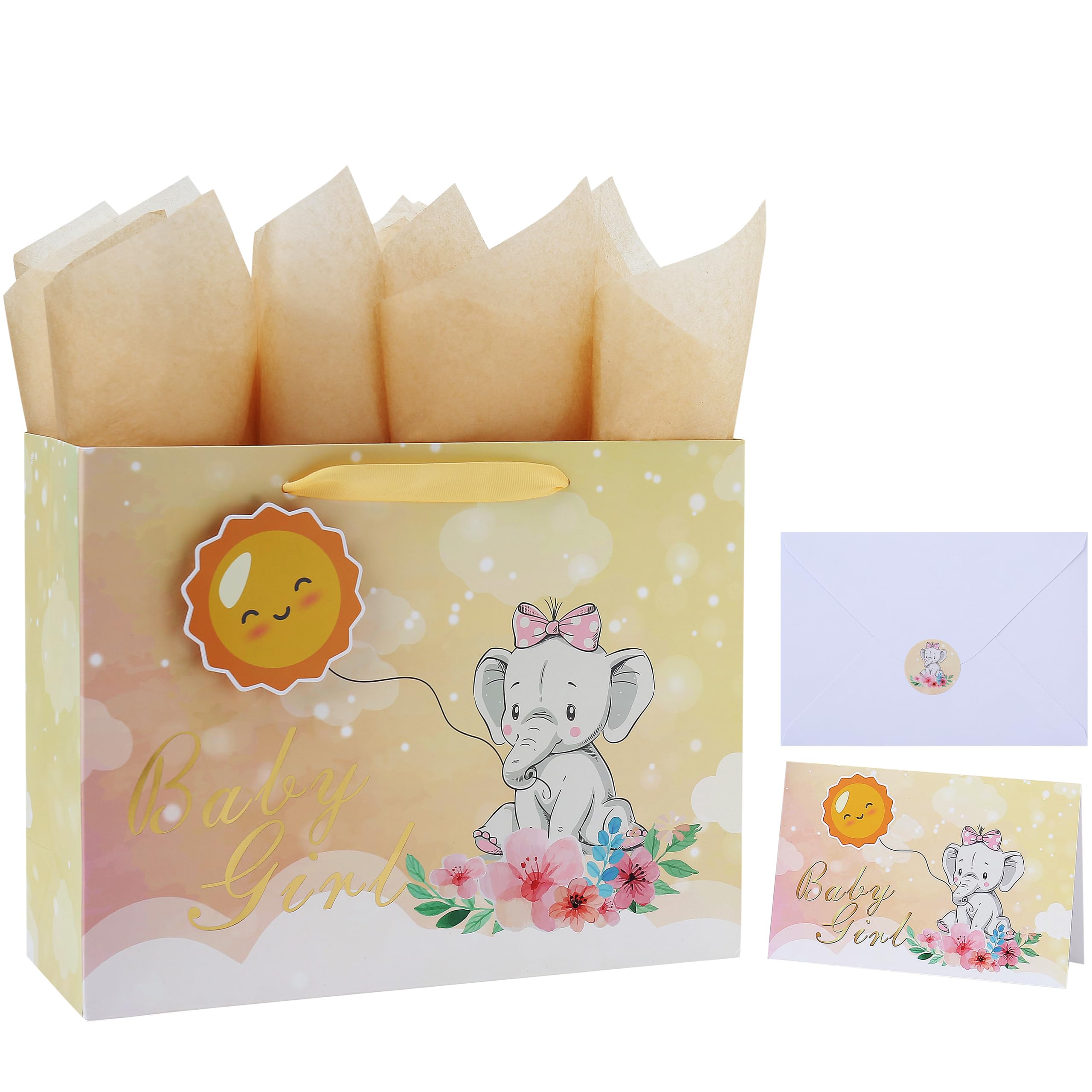 13” Large Light Yellow Cute Elephant Gift Bag Set with Greeting Card and Tissue Paper (3D Sun and Gold Foil ‘Baby Girl’) for Baby Girl, Baby Shower, Kids Birthday Party, Newborn, New Moms or Parents-13”x5.2”x10.2”, 1 Pcs.