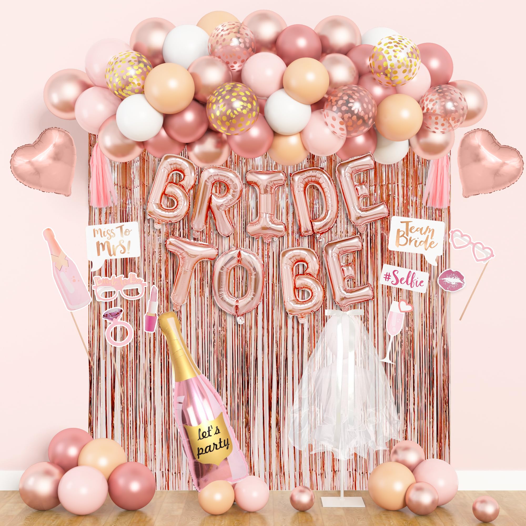 Amandir Bachelorette Party Decorations Supplies, Rose Gold Bridal Shower Decorations Bride To Be Pink White Gold Confetti Foil Heart Balloons, Veil, Photo Booth Props, Fringe Curtains, Paper Tassels