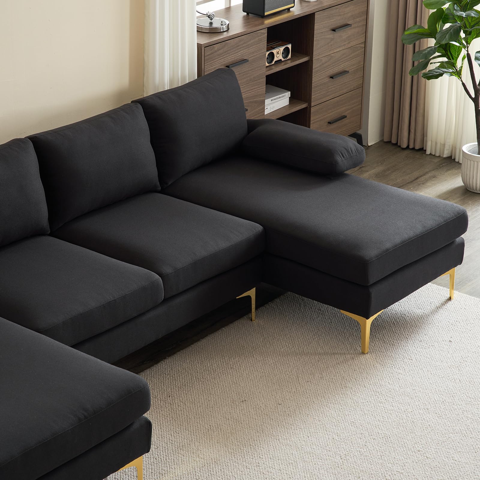 Contemp U-Shaped Sectional Sofa, 110" 4-Seat Sofa Couch with Chaise and Golden Iron Feet, Modular Design for Living Room Apartment Office (Black Linen)