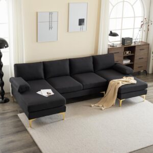 contemp u-shaped sectional sofa, 110" 4-seat sofa couch with chaise and golden iron feet, modular design for living room apartment office (black linen)