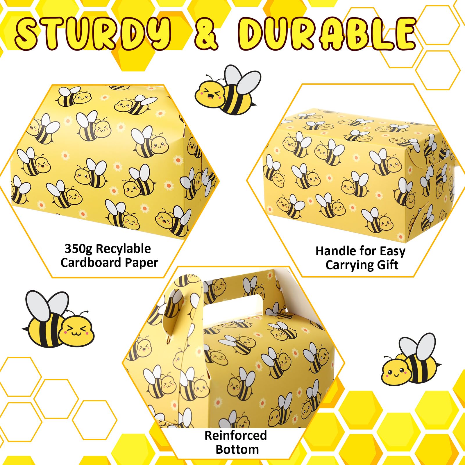 Feifeiya 30 Pcs Bee Candy Boxes with Handles Paper Bee Party Favor Treat Boxes Easy Assemble Bee Gift Bags Bee Party Favor Bags for Birthday Bee Decorations Baby Shower Wedding Kids Bee Party Supplies