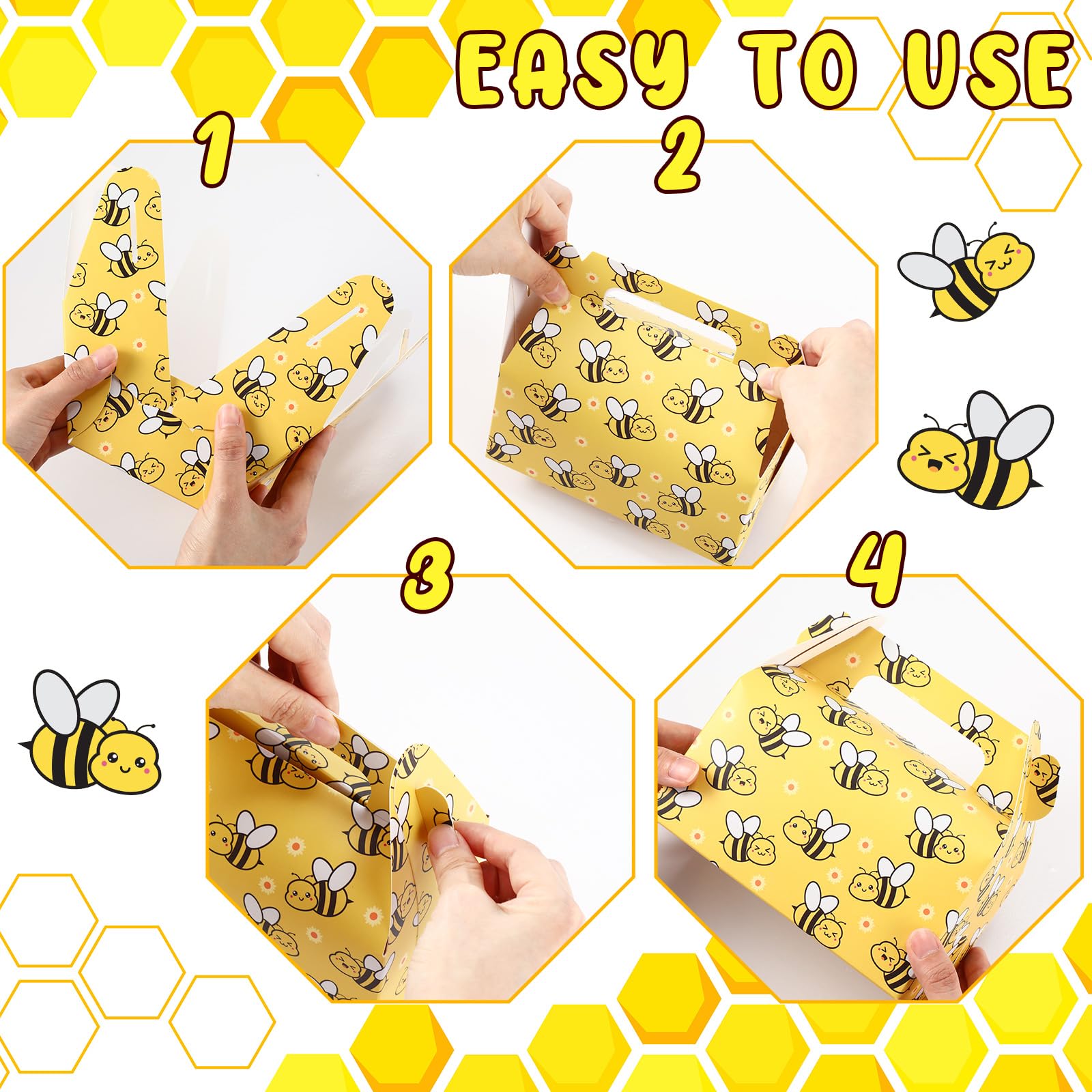 Feifeiya 30 Pcs Bee Candy Boxes with Handles Paper Bee Party Favor Treat Boxes Easy Assemble Bee Gift Bags Bee Party Favor Bags for Birthday Bee Decorations Baby Shower Wedding Kids Bee Party Supplies