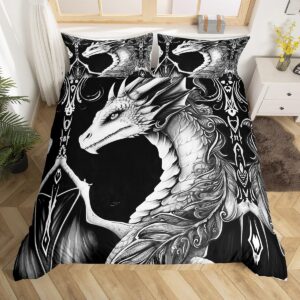 erosebridal 3d dragon duvet cover full vintage gothic bedding set,black and white dragon comforter cover antique wildlife fantasy castle bed set,mythical animal room decor