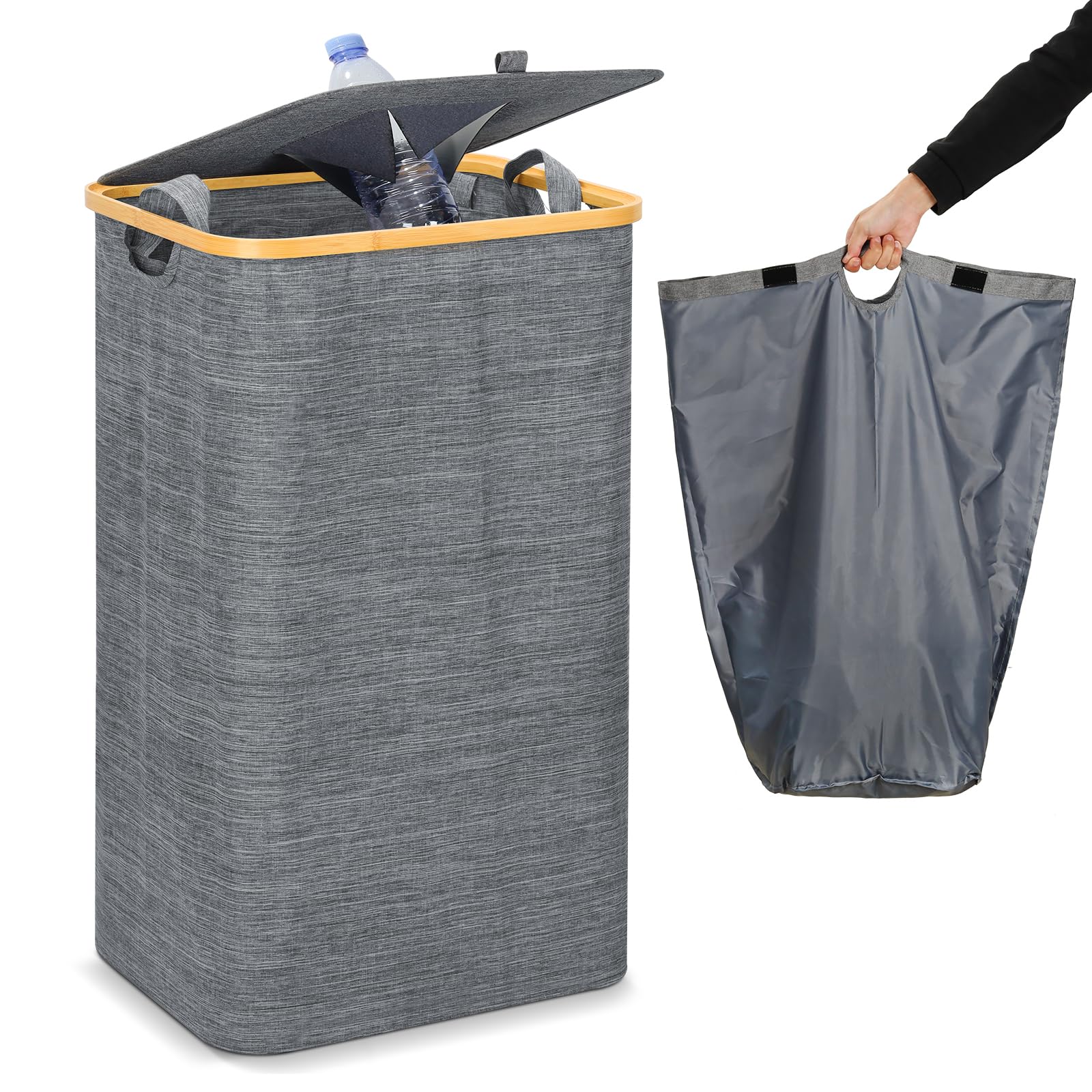 100L Recycling Bin for Kitchen Indoor Home, Large Capacity 26 Gallon Recycle Bin with Lid Removeable Reusable Inner Bag for Bottle Can Glass Waste Plastice Stickers, Kitchen Recycling Bin, Grey