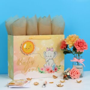 13” Large Light Yellow Cute Elephant Gift Bag Set with Greeting Card and Tissue Paper (3D Sun and Gold Foil ‘Baby Girl’) for Baby Girl, Baby Shower, Kids Birthday Party, Newborn, New Moms or Parents-13”x5.2”x10.2”, 1 Pcs.