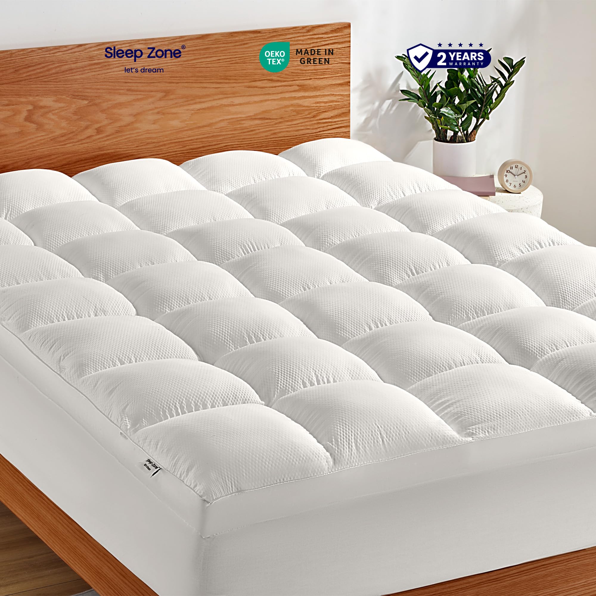 SLEEP ZONE Queen Mattress Topper Washable, Deep Pocket Mattress Pad, Thick Fitted Mattress Cover for Back Pain, Breathable Mattress Protector, Hotel Quality (White, Queen)