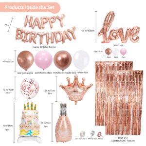 SANERYI Rose Gold Birthday Decorations for Women Happy Pink Balloon Arch Garland Kit Girl Princess Party Supplies Banner Curtains Backdrop Decor