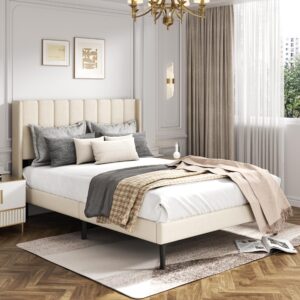 haoara queen size velvet bed frame with vertical chanel tufted headboard and wingback, upholstered platform bed, strong wooden slats, no box spring needed, beige