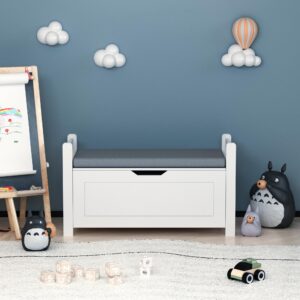 mancofy kids wooden toy chest kids toy box with safety hinged lid, children's toy storage cubby, toy storage cabinet organizer, playroom furniture, boys/girls (white with cushion)