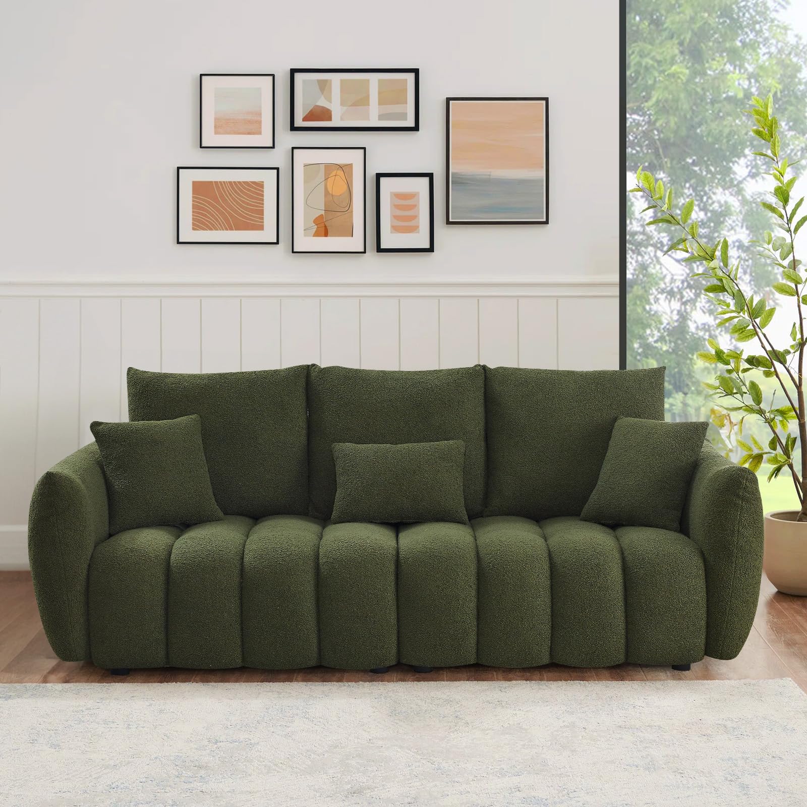 Cloud Sofa Couch,82" Teddy Bouclé Upholstered 3 Seater Sofa,Tufted Comfy Couch,Modern Sherpa Couch,Deep Seat Sofa with 3 Pillows,Oversized Loveseat for Living Room,Bedroom,Office,Apartment(Green)