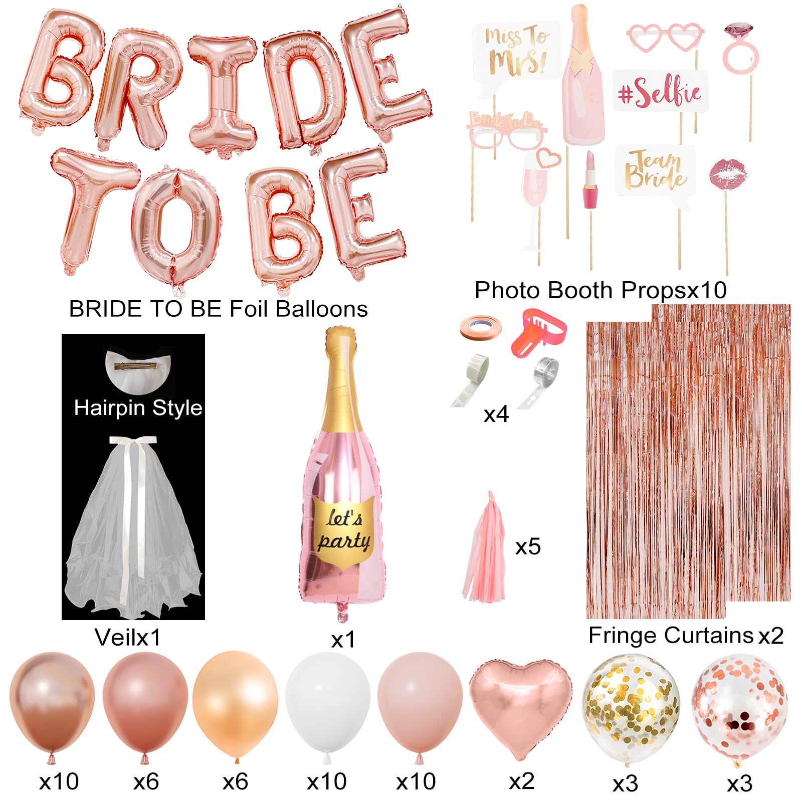 Amandir Bachelorette Party Decorations Supplies, Rose Gold Bridal Shower Decorations Bride To Be Pink White Gold Confetti Foil Heart Balloons, Veil, Photo Booth Props, Fringe Curtains, Paper Tassels