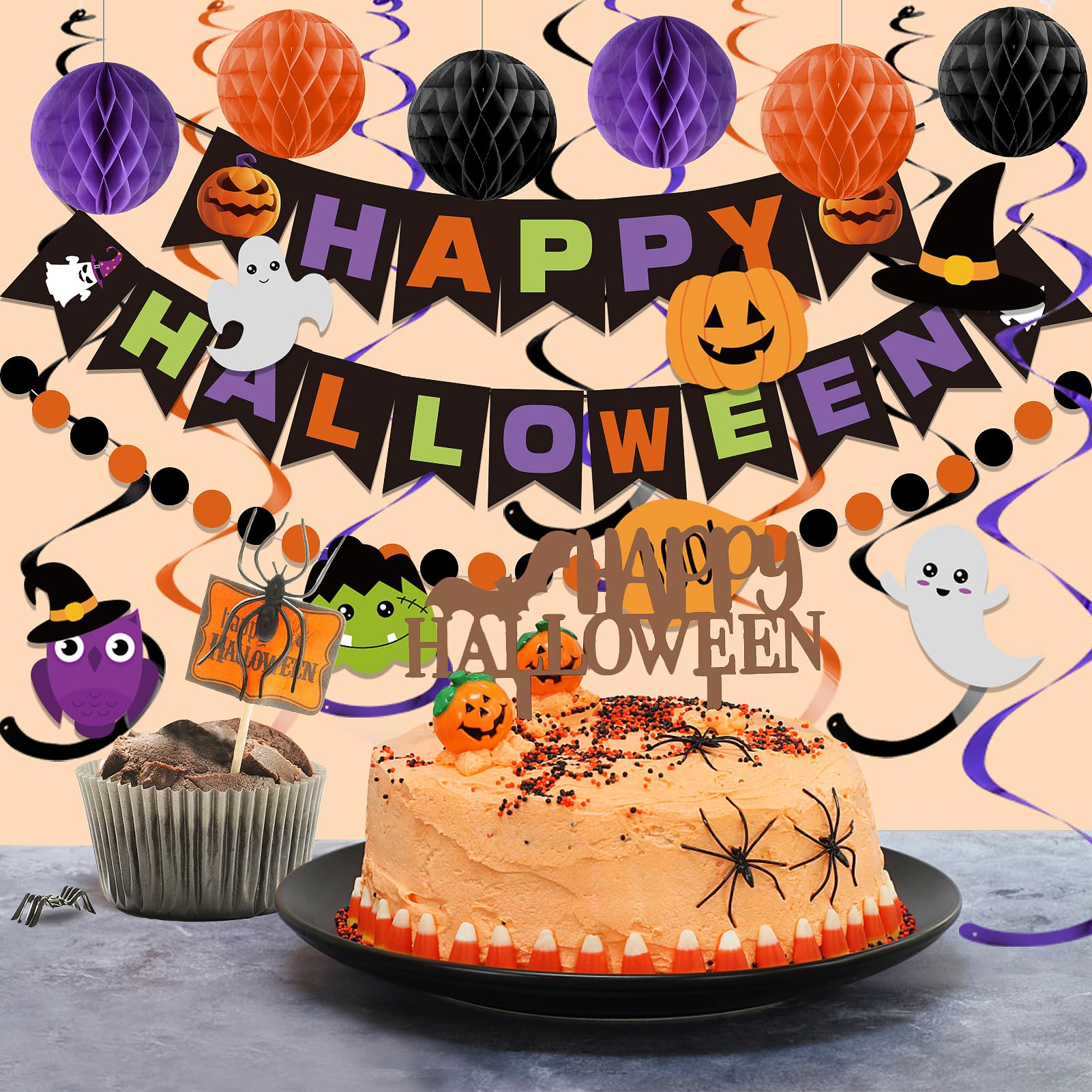 meowtastic Happy Halloween Banner Decorations - Halloween Banner with Honeycomb Ball, Halloween Hanging Swirl Streamer, Circle Dot Garland Decorations for Halloween theme Party Decorations