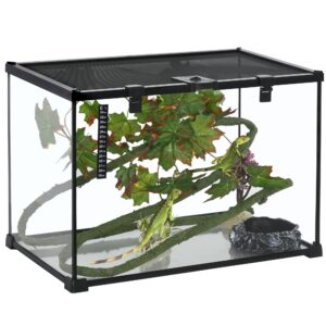 pawhut 14 gallon glass reptile enclosure with decor kit, crested gecko tank, full view terrarium tank with visually appealing sliding screen top for lizards, frogs, snakes, spiders, 20" x 12" x 14"