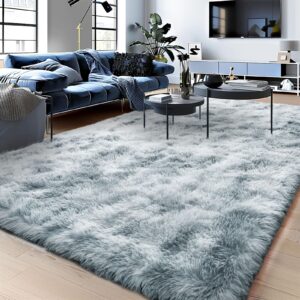 isdook fluffy rug for living room shaggy soft area rug plush area rugs for bedroom room tie-dyed silver grey fuzzy rug, rectangle 8x10 feet