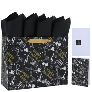 13" large black gift bag set with greeting card and tissue papers (cakes and gifts design) for men's or women's party, boys', girls' or kids' birthday parties, baby boy or girl, baby shower-13”x5.2”x10.2”, 1 pcs.