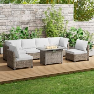 sunpeak patio furniture set q01 series sofa 7 pieces outdoor furniture set sectional couch with fire pit table balcony furniture patio table and chairs set with propane fire pit