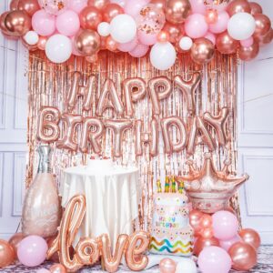 saneryi rose gold birthday decorations for women happy pink balloon arch garland kit girl princess party supplies banner curtains backdrop decor