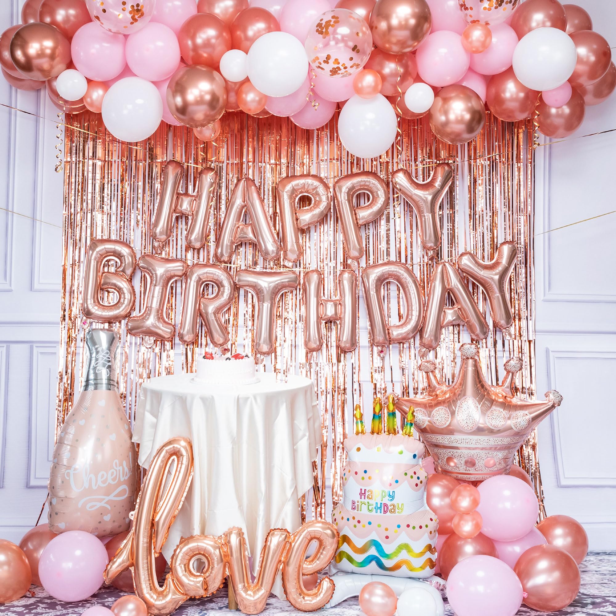 SANERYI Rose Gold Birthday Decorations for Women Happy Pink Balloon Arch Garland Kit Girl Princess Party Supplies Banner Curtains Backdrop Decor