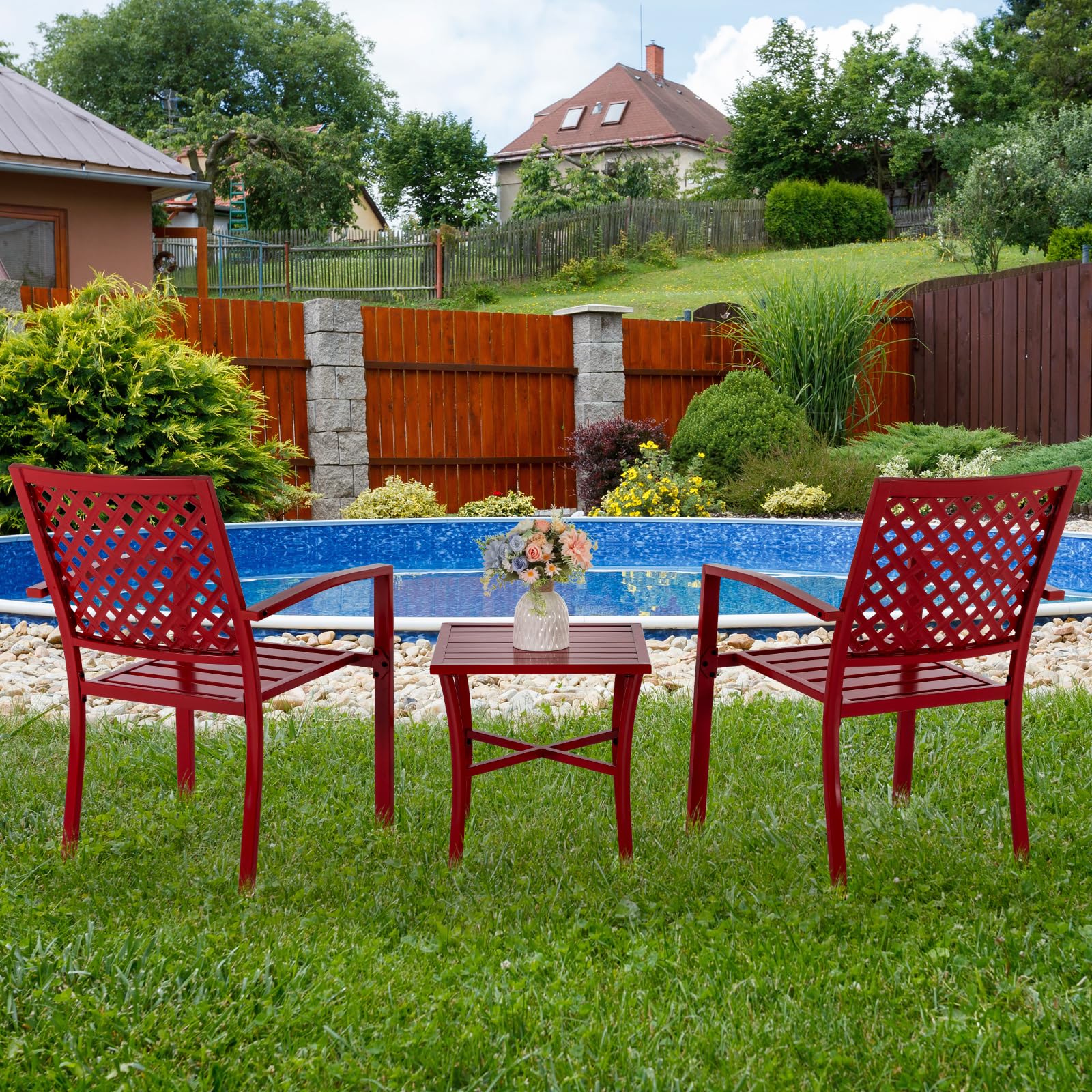 Attliasalon 3 Pieces Outdoor Patio Bistro Set, Mental Bistro Table and Chairs Outdoor Furniture Set with Square Table for Patio Porch Balcony Yard Garden (Red)