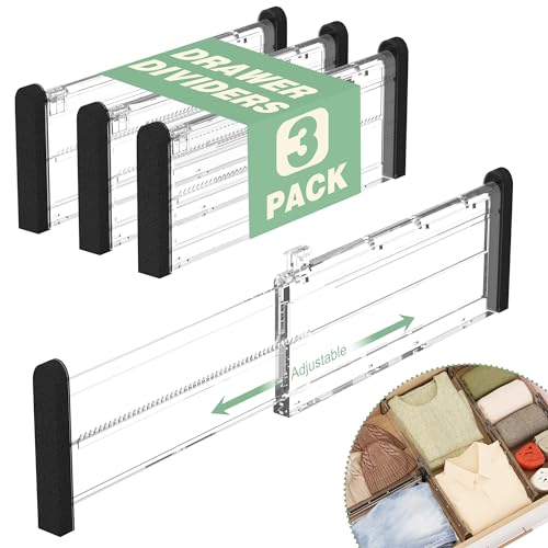 FUNIZE Adjustable Drawer Dividers, 4'' High Expandable Drawer Organizers for Clothes, 3 Pack 12.6-22.8'' Drawer Separators for Kitchen/Bedroom/Office/Bathroom Organization and Storage-Clear