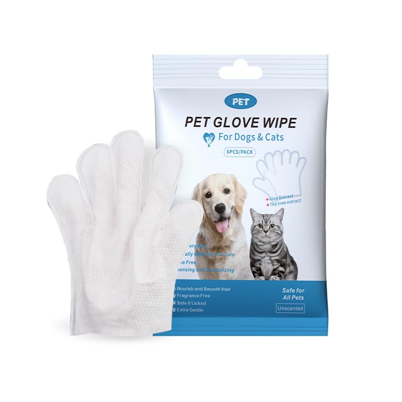 Pet Grooming Wipes and Gloves Set, 6 Count, for Fur, Face, Ears and Paws, No Rinse Cleaning