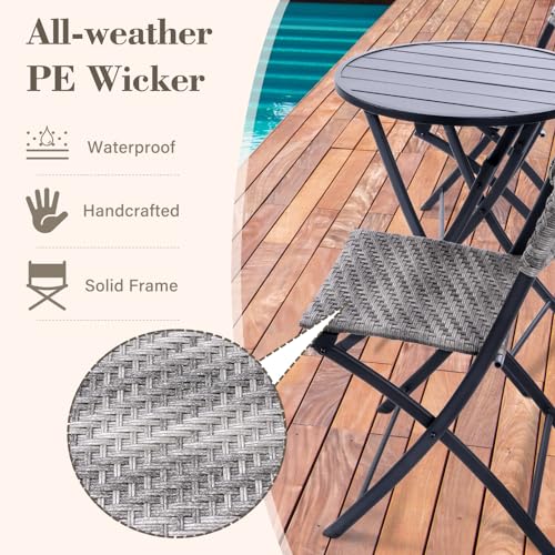 3 Piece Folding Outdoor Patio Bistro Set, Wicker Patio Furniture Sets with Table and Chairs for Garden, Backyard, Porch, Patio - Patio Conversation Set