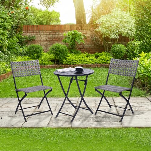 3 Piece Folding Outdoor Patio Bistro Set, Wicker Patio Furniture Sets with Table and Chairs for Garden, Backyard, Porch, Patio - Patio Conversation Set