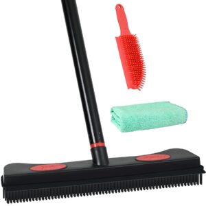 tiumso rubber broom for carpet, pet hair removal broom with squeegee for floor, carpet broom includes rubber brush and microfiber cloth for dog and cat hair - black and red