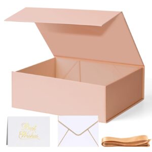 shindel gift box with magnetic lid, rose gold gift box with ribbon greeting card magnetic closure gift box for presents wedding birthday 9.4"x6"x3"