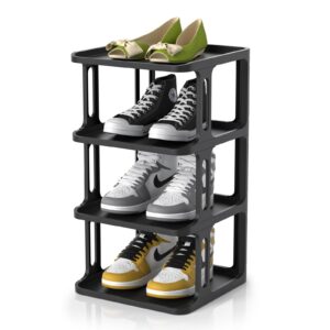 small shoe rack for closet - free standing narrow shoe rack organizer for dedroom dorm, mini stackable shoe rack shelf for entryway garage entrance, 4 tier vertical black shoe cubby for small spaces