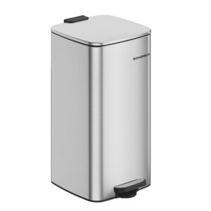 songmics kitchen trash can, 8-gallon (30 l) trash bin, stainless steel garbage can, with inner bucket, soft close and stays open, metallic silver ultb593e01