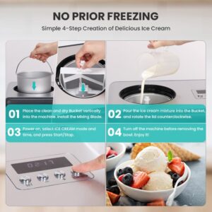 Ice Cream Maker with Compressor 2.1 Quart Automatic Ice Cream Maker Machine with Compressor 3 Modes Electric Ice Cream Maker No Pre Freezing Stainless Steel LCD Digital Display Timer Sorbet Maker