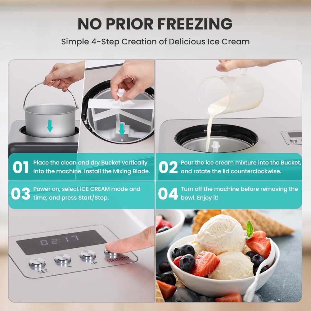 Ice Cream Maker with Compressor 2.1 Quart Automatic Ice Cream Maker Machine with Compressor 3 Modes Electric Ice Cream Maker No Pre Freezing Stainless Steel LCD Digital Display Timer Sorbet Maker