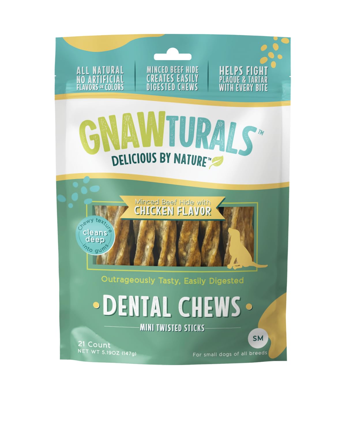 Gnawturals Dental Chews Twisted Sticks | for Small Dogs | Natural Scrubbing Action to Fight Plaque and Tartar While Refreshing Your Dog's Breath (21 Sticks, Chicken)