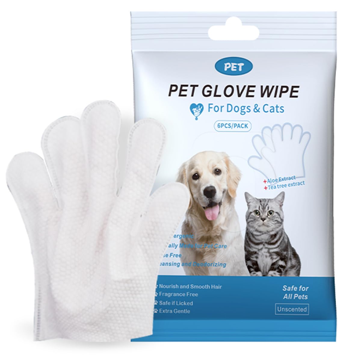 Pet Grooming Wipes and Gloves Set, 6 Count, for Fur, Face, Ears and Paws, No Rinse Cleaning