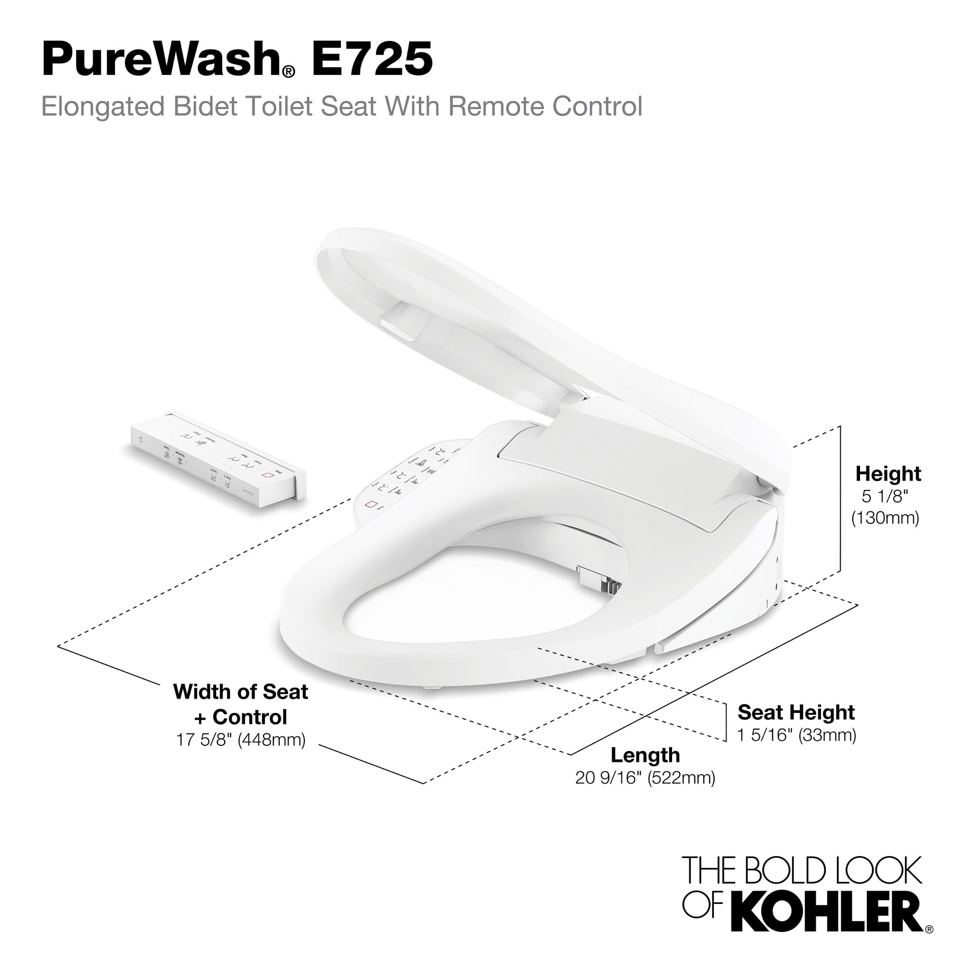 KOHLER 28229-0 K-28229-0 PureWash E725 Elongated Bidet Toilet Seat with Remote Control, White