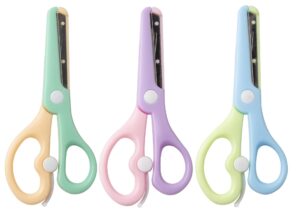 anjobibi,safety scissors for kids 3-pack, training craft scissors,ergonomic handle perfect for paper cutting, (pink+orange+blue)