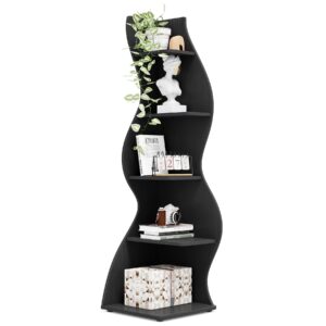 tribesigns corner shelf, modern 5-tier wall corner bookshelf, stylish corner small bookcase storage rack plant stand with unique shape for living room, home office, (1pc, black)